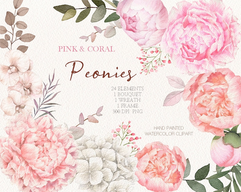 Watercolor Boho Floral Clipart,pink Peony Bouquets,coral Peony Wreath ...