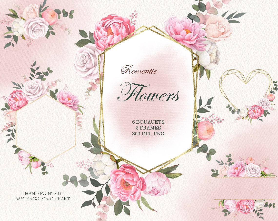 Watercolor Gold Geometric Peony Frames Clipartrose - Etsy