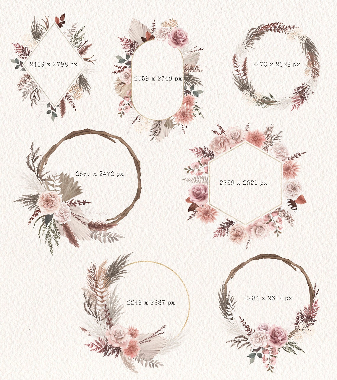 Watercolor Boho Floral Clipartrose Frame and Wreathdried - Etsy