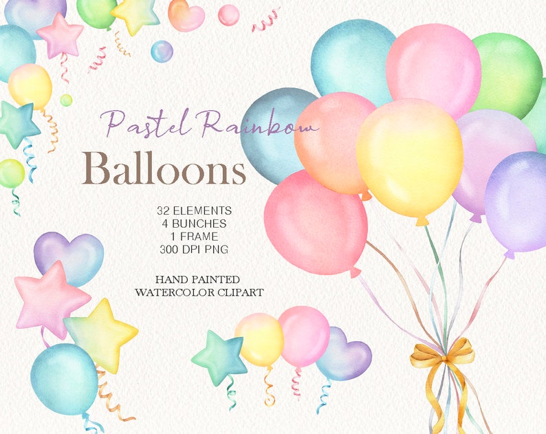 Watercolor Pastel Rainbow Balloons Clipartbaby Showerhand - Etsy