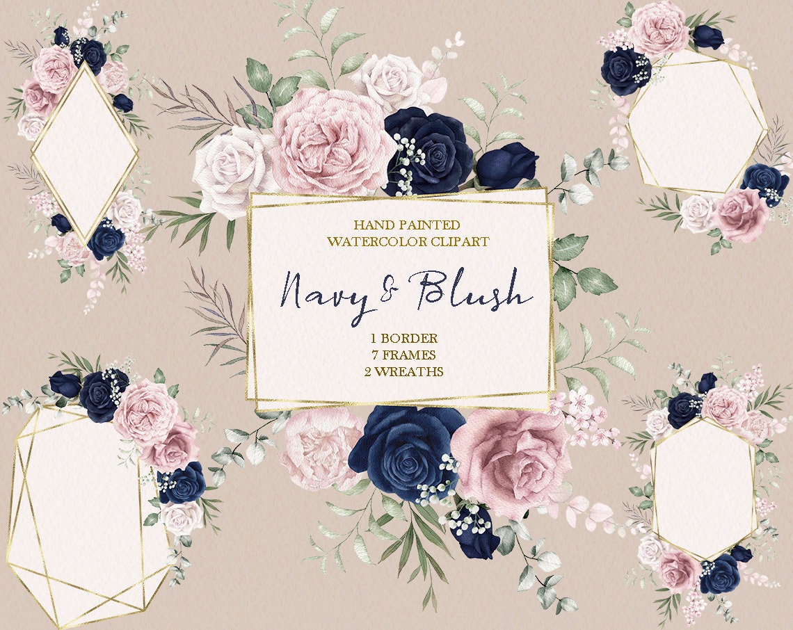 Navy and Blush Floral Clipartwatercolor Boho Rose Frames and - Etsy