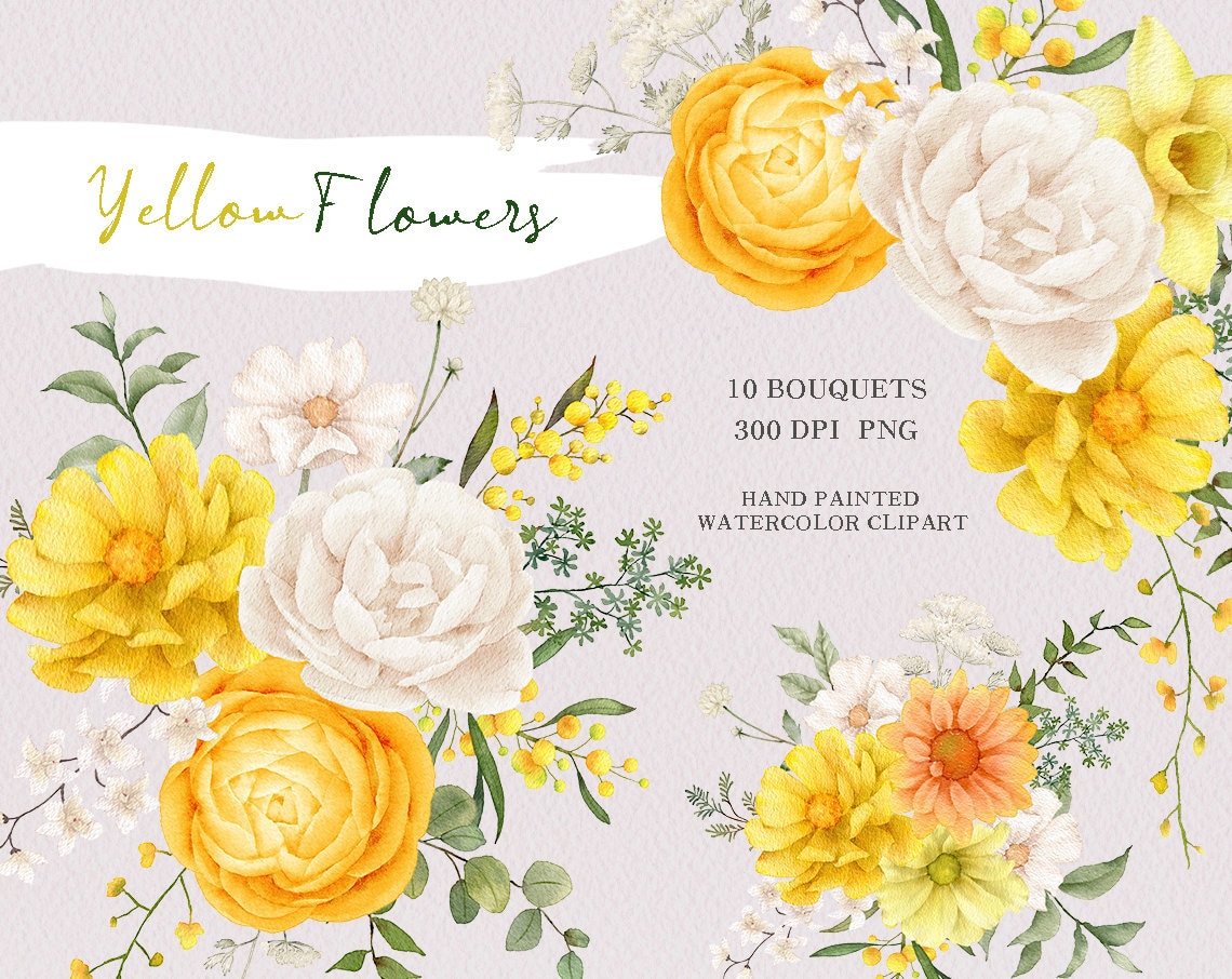 Watercolor Yellow Flowers Bouquets,boho Floral Clipart,original Hand ...