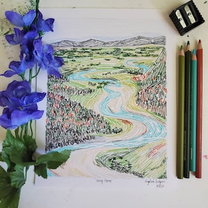 Valley River Colored Pencil Illustration Small Abstract Simple Nature ...