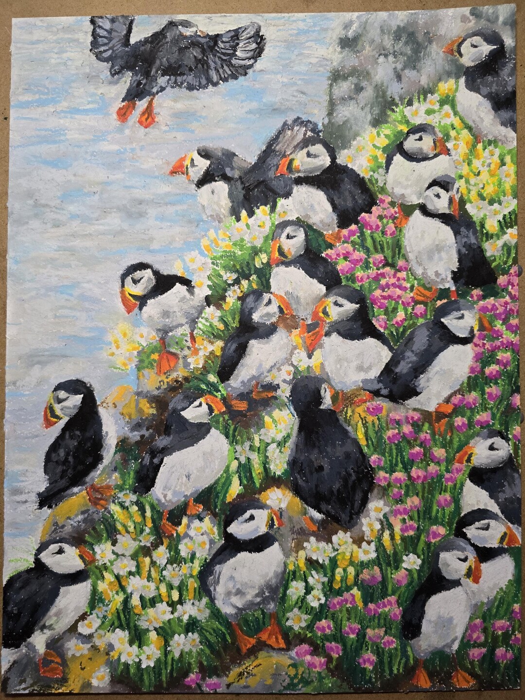 Puffins Birds Oil Pastel Illustration Drawing Cute Colorful Original ...