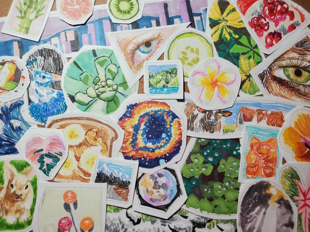 Assorted Hand Drawn Stickers Cute Animal Landscape Plant Sticker Food ...