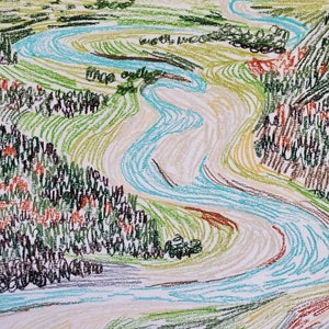 Valley River Colored Pencil Illustration Small Abstract Simple Nature ...