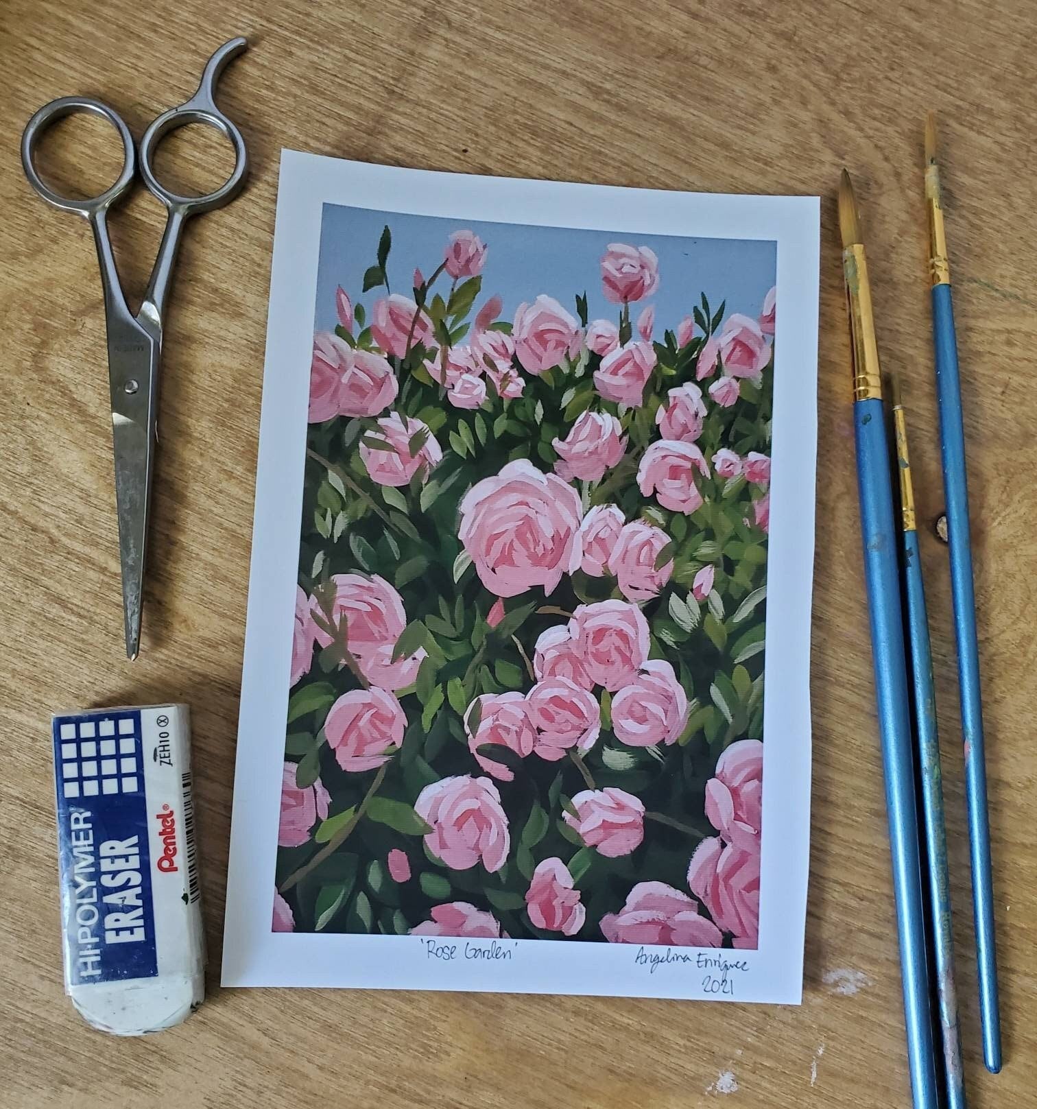 Small Pink Roses Gouache Painting Print Colorful Floral Artwork Mini ...