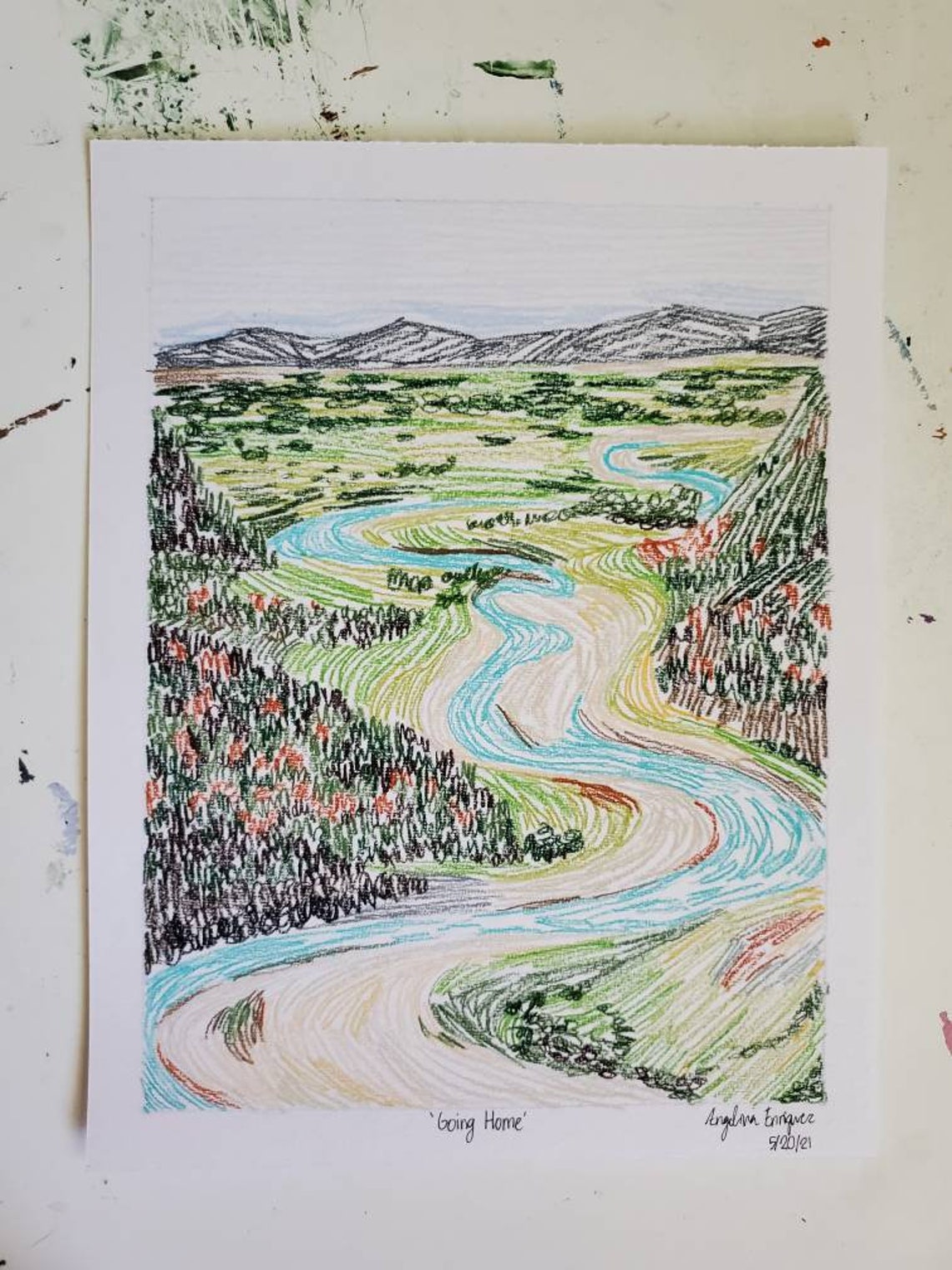 Valley River Colored Pencil Illustration Small Abstract Simple - Etsy