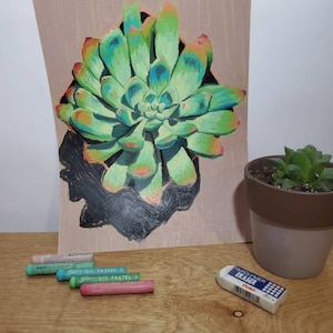 Colorful Oil Pastel Green Succulent Drawing on Toned Tan Paper Plant ...