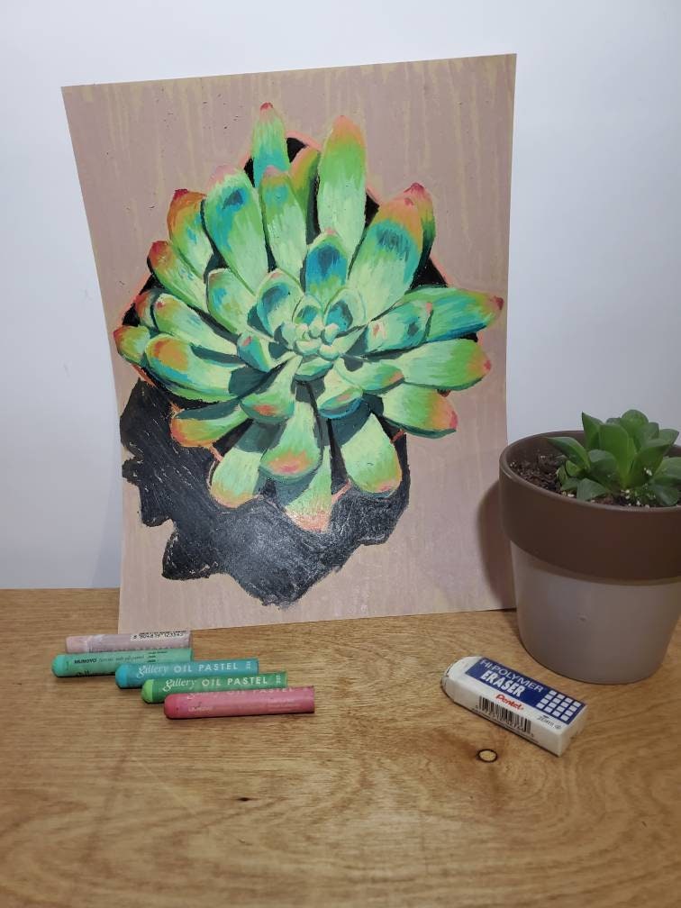 Colorful Oil Pastel Green Succulent Drawing on Toned Tan Paper - Etsy