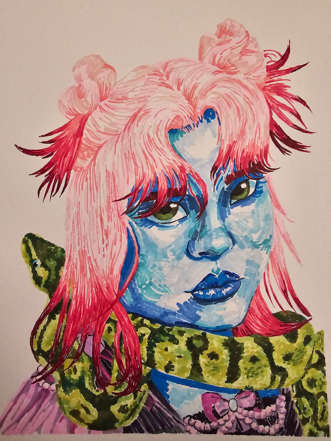 Snake Alien Girl Portrait Drawing Original Abstract Colorful Marker Ink ...