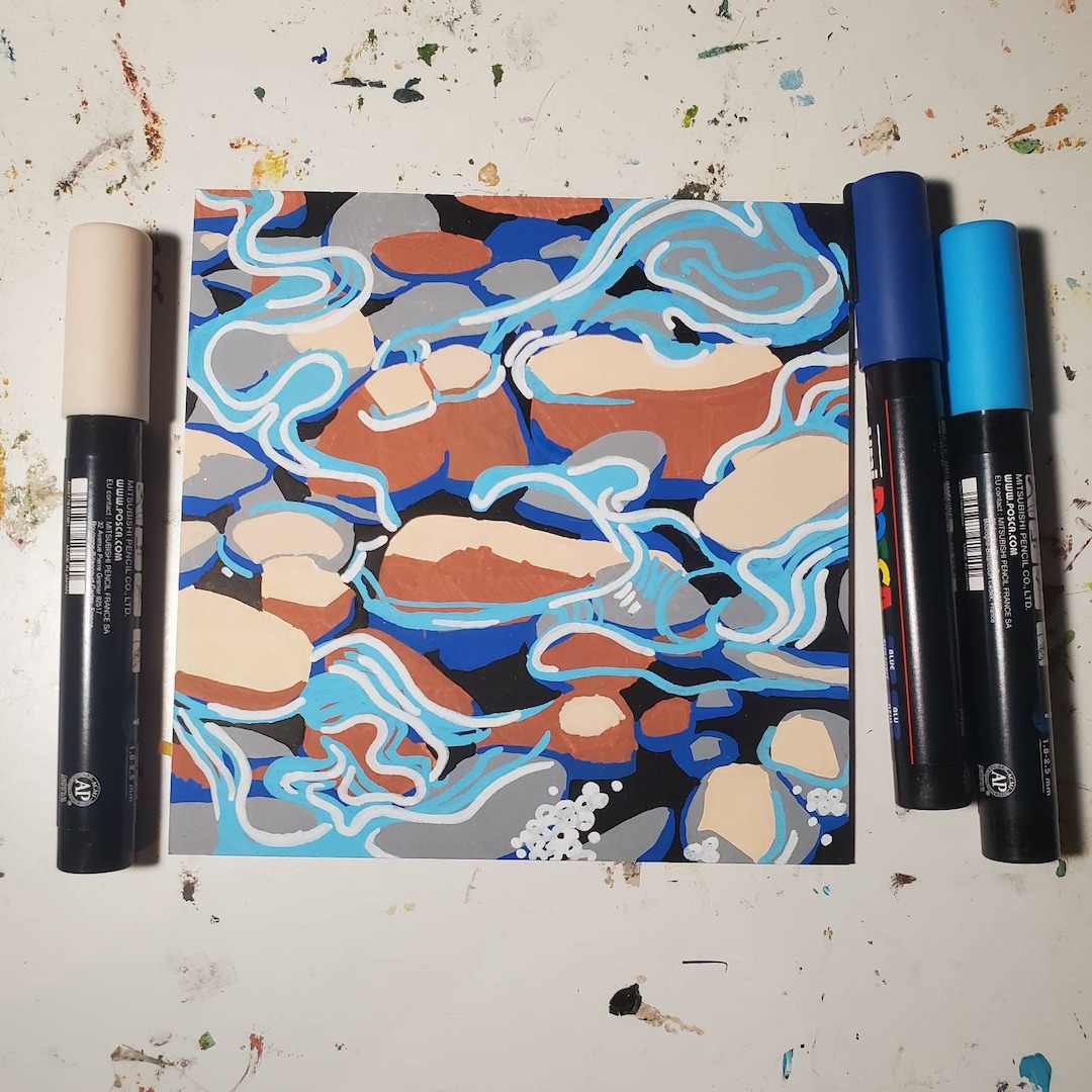 River Paint Marker Drawing on Canvas Board Original Stream Waterway ...