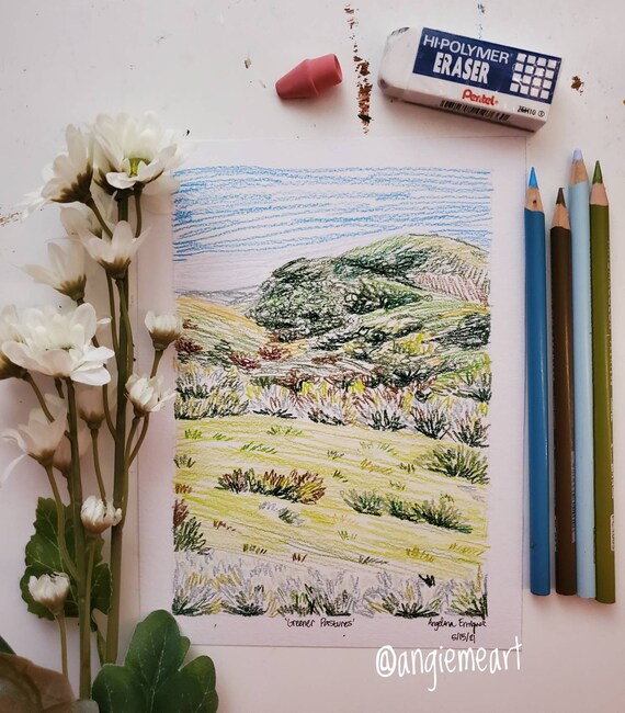 Meadow Landscape Art Colored Pencil Illustration Small Wall | Etsy