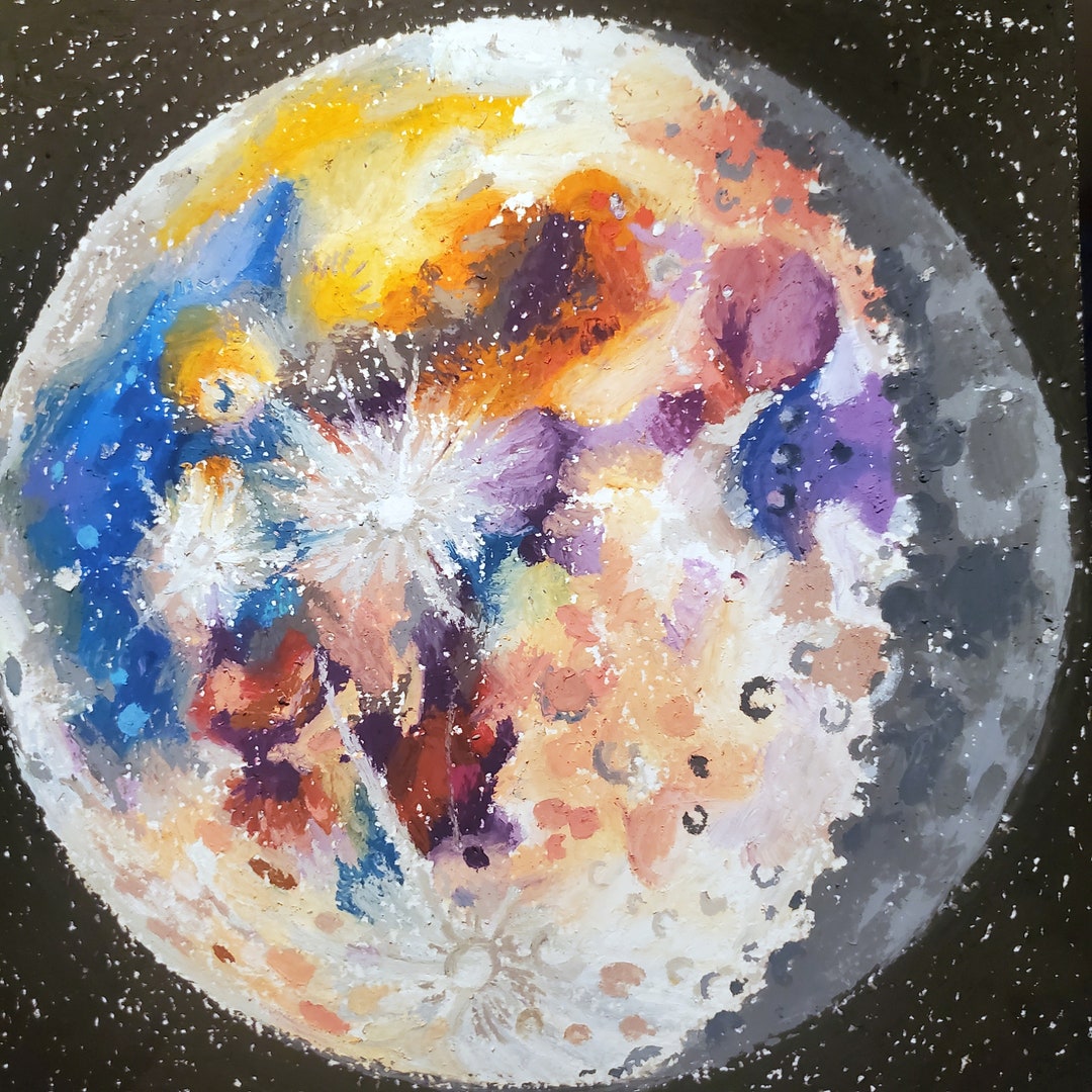 Moon Oil Pastel Illustration Original Space Drawing Wall Art on Paper ...