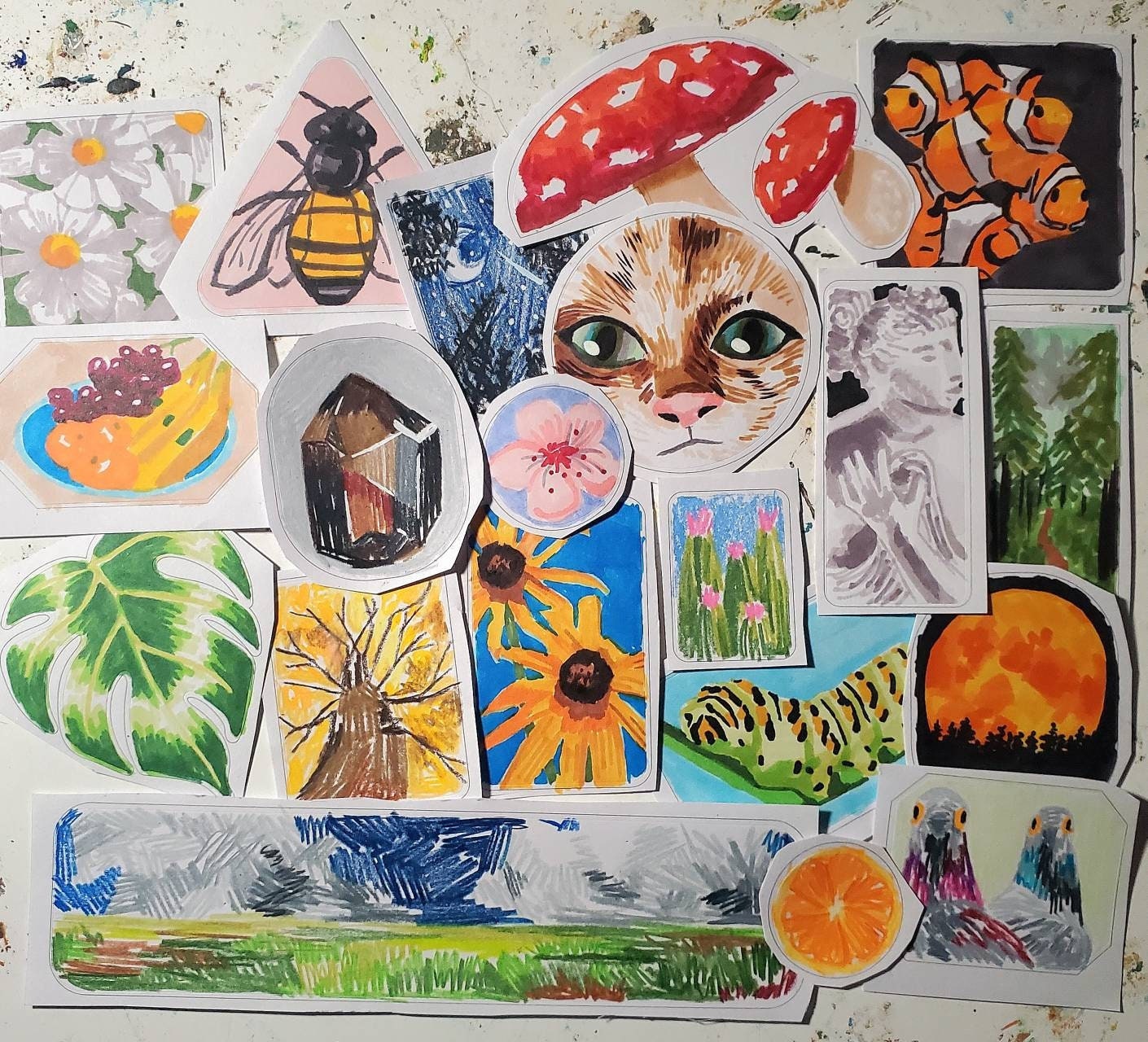 Assorted Hand Drawn Stickers Cute Animal Landscape Plant Sticker ...