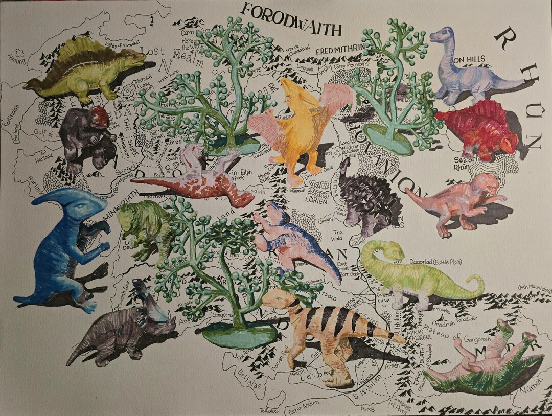 Large Toy Dinosaurs on Middle Earth Fantasy Map Marker and Pen Abstract ...