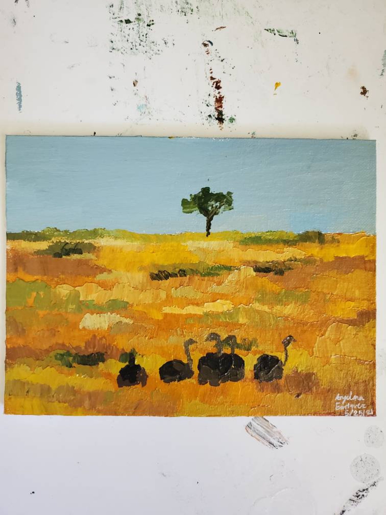 African Savannah Acrylic Painting Ostrich Animal Abstract Landscape Art ...