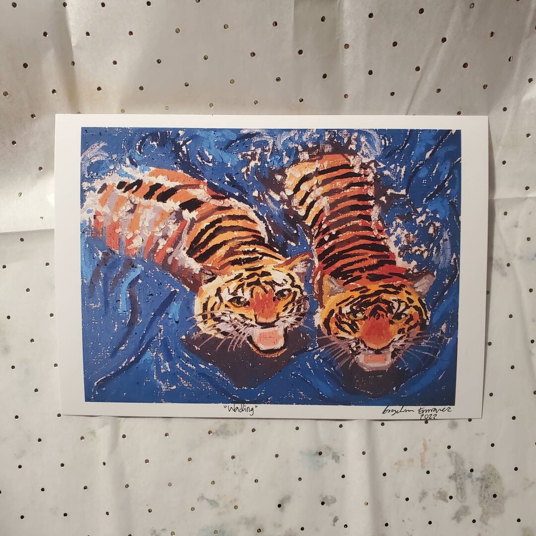 Oil Pastel Tigers Swimming Art Print Original Feline Crayon ...