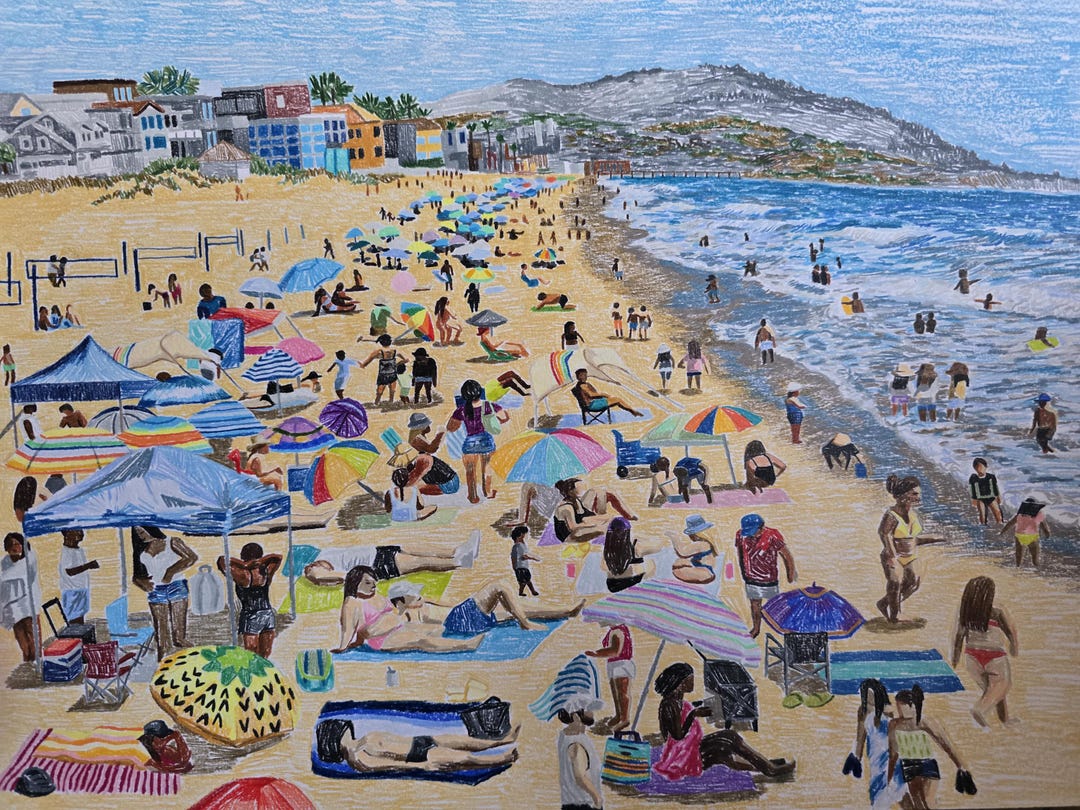 Crowded Beach Colored Pencil Drawing Original Ocean Landscape ...