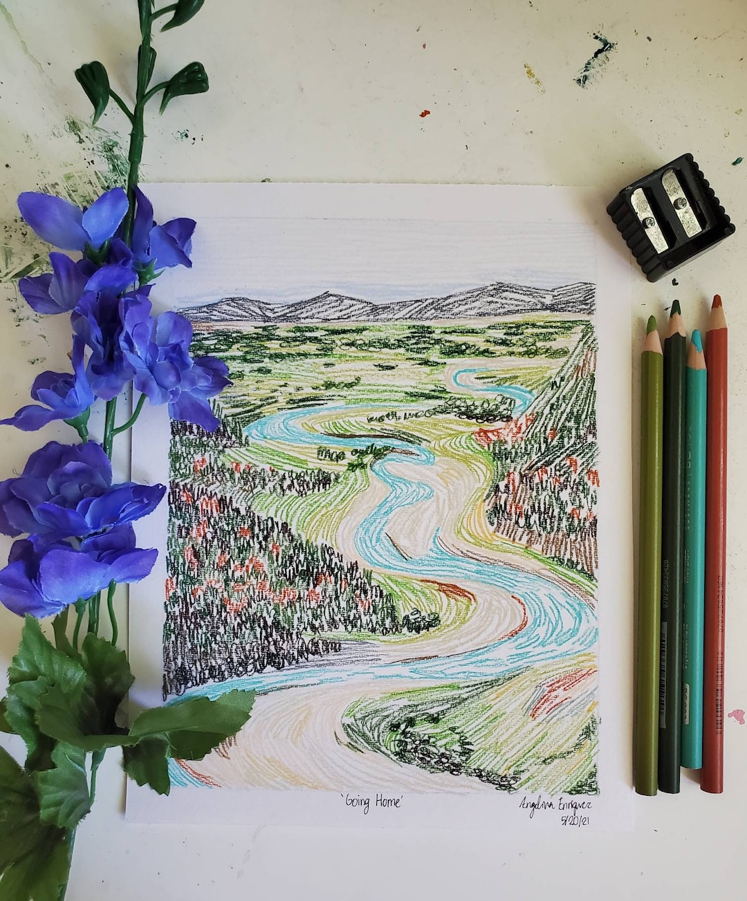 Valley River Colored Pencil Illustration Small Abstract Simple Nature ...