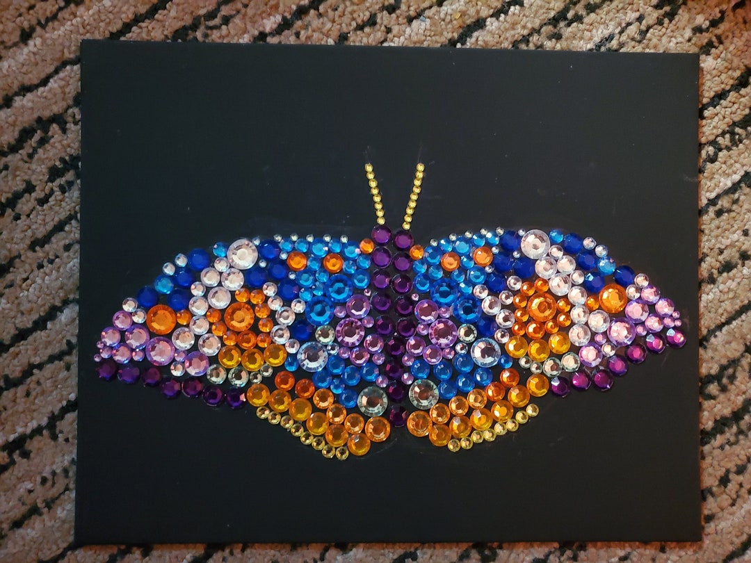 Gemstone Butterfly Collage Bedazzled Rhinestone Bling Wall Art on Black ...