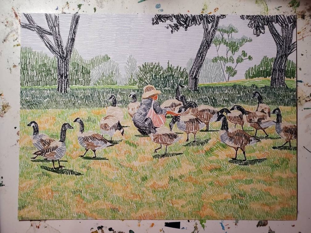 Feeding the Geese Ducks Colored Pencil Drawing Original Abstract ...