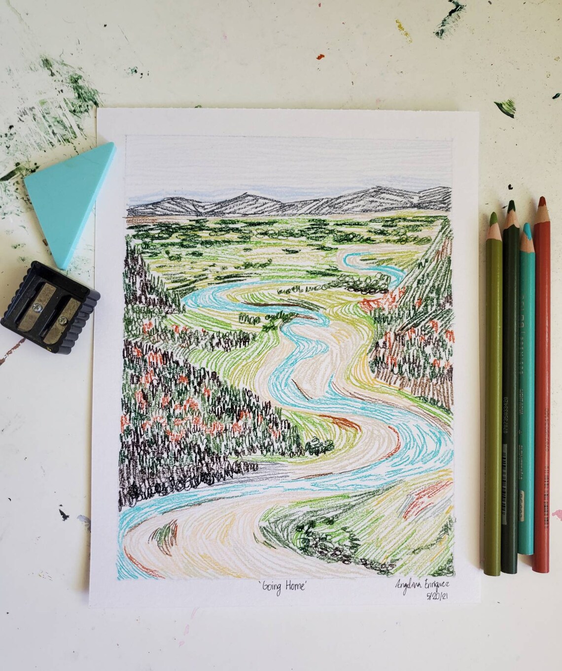 Valley River Colored Pencil Illustration Small Abstract Simple - Etsy