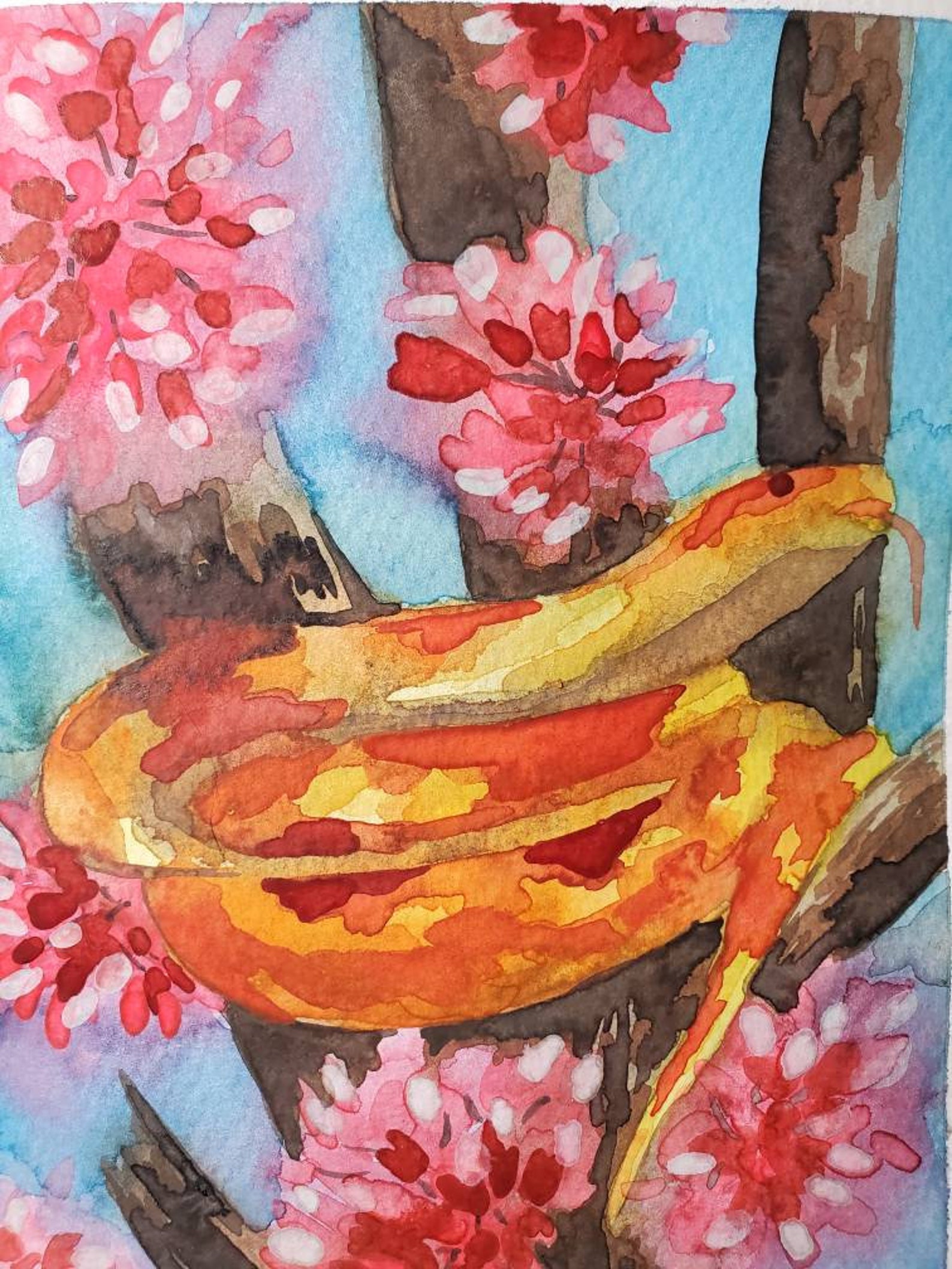 Corn Snake in Sakura Tree Watercolor Painting Original Cherry Blossoms ...