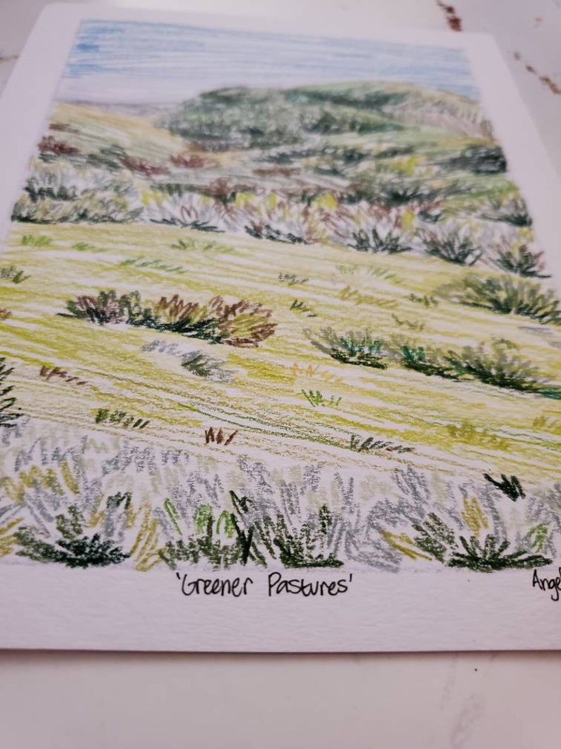 Meadow Landscape Art Colored Pencil Illustration Small Wall Art Scenic ...