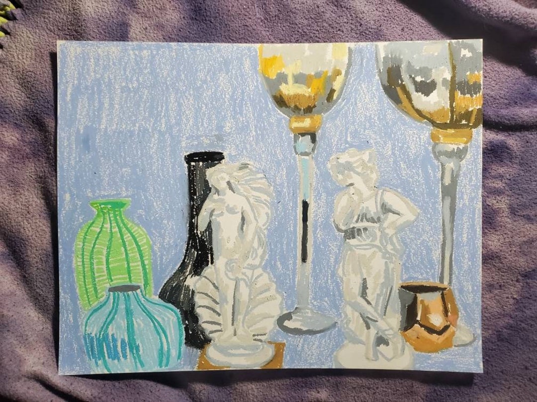 Original Thrift Store Still Life Drawing Oil Pastel Illustration on ...