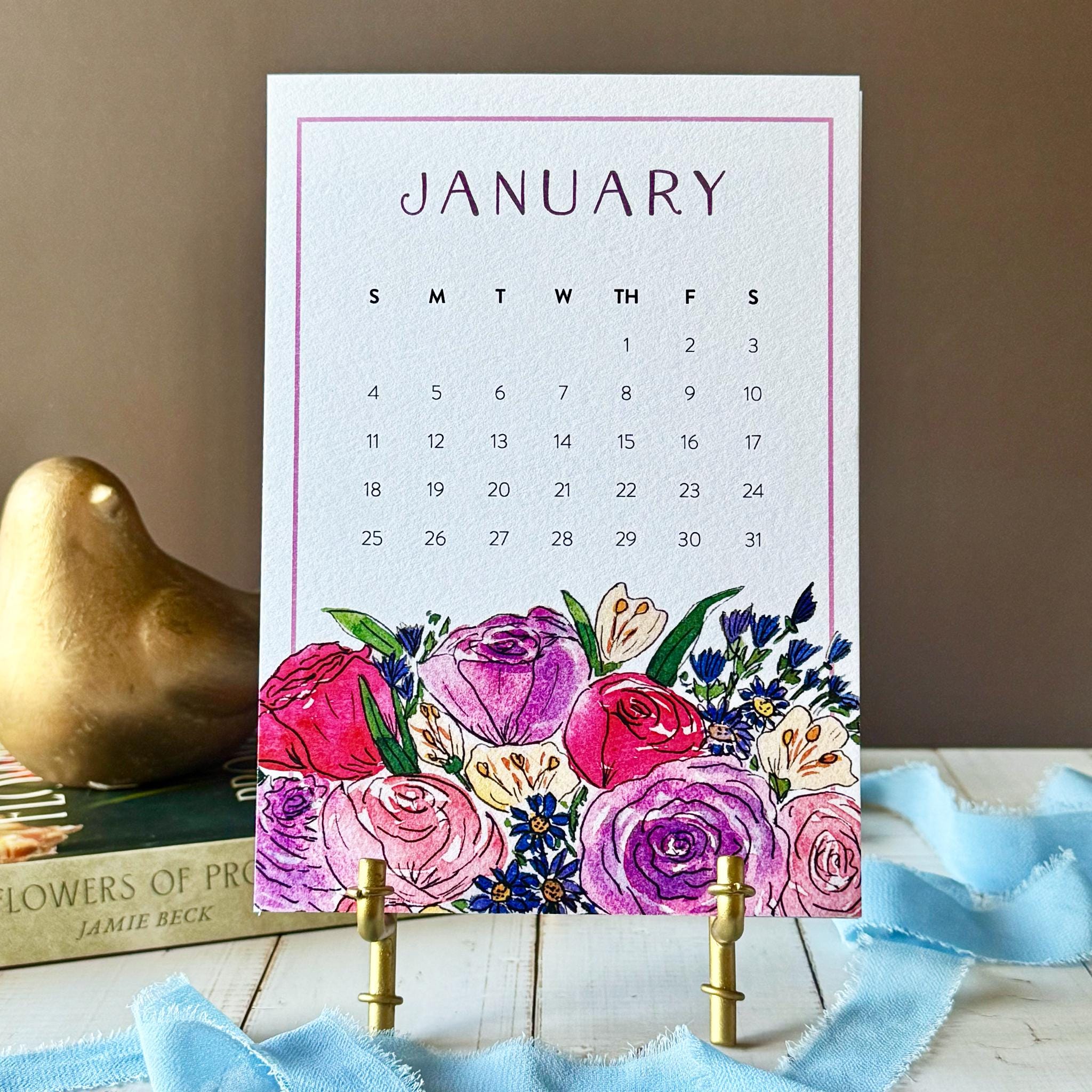 2026 Floral Watercolor Desk Calendar With Easel | Artist Made | Desk ...