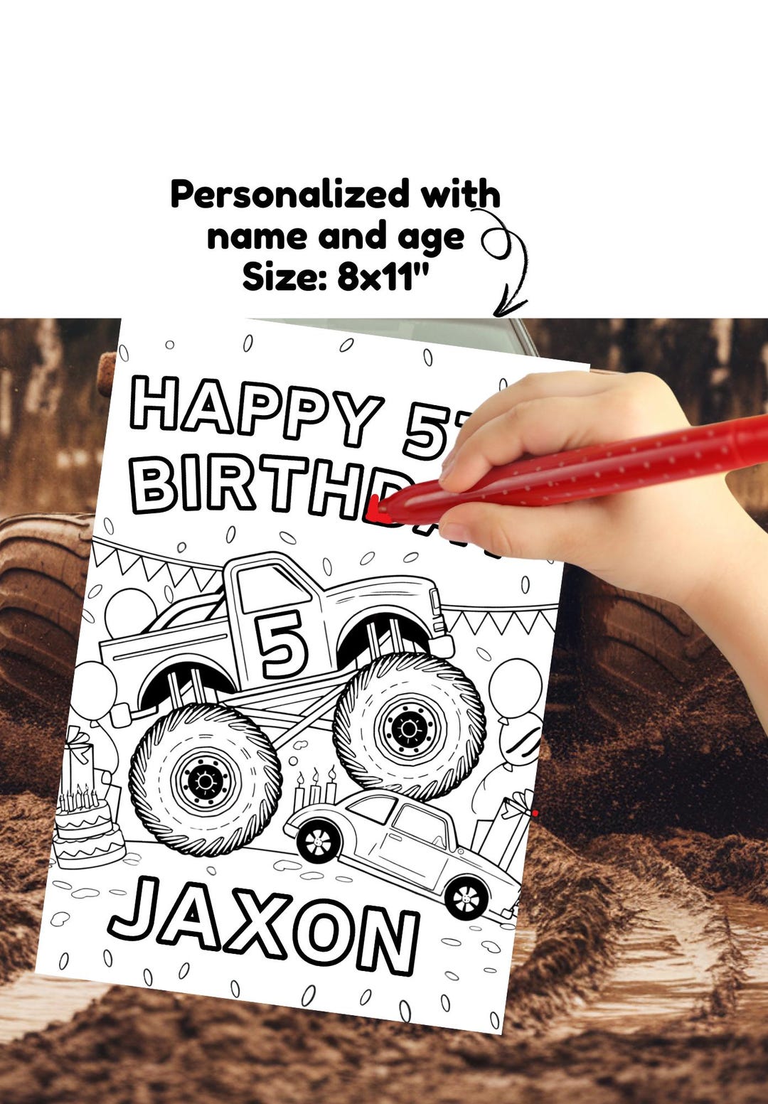 Personalized Monster Truck Birthday Coloring Page – Custom Name & Age ...