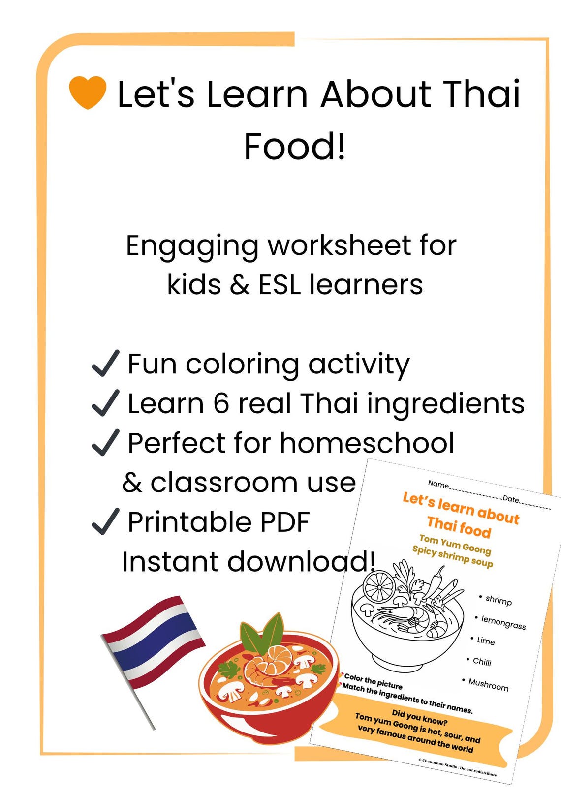 Thai Food Vocabulary Worksheet | Printable ESL Activity for Kids ...