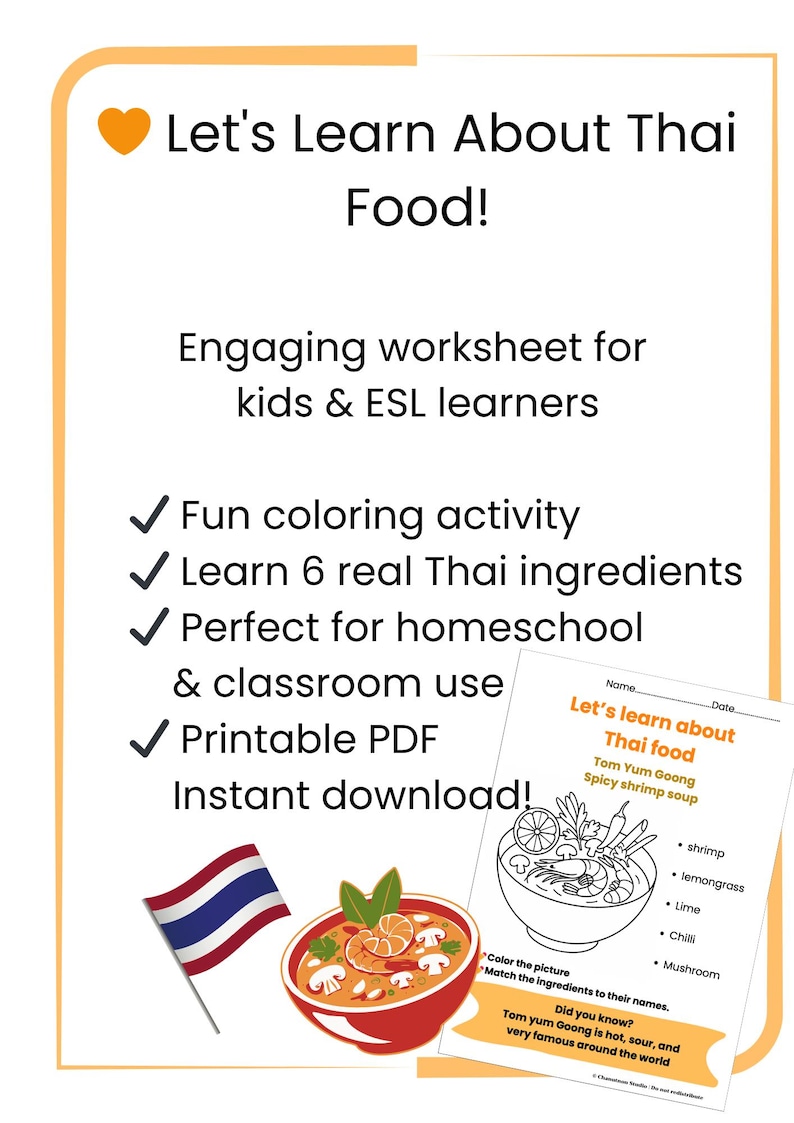 Thai Food Vocabulary Worksheet | Printable ESL Activity for Kids ...
