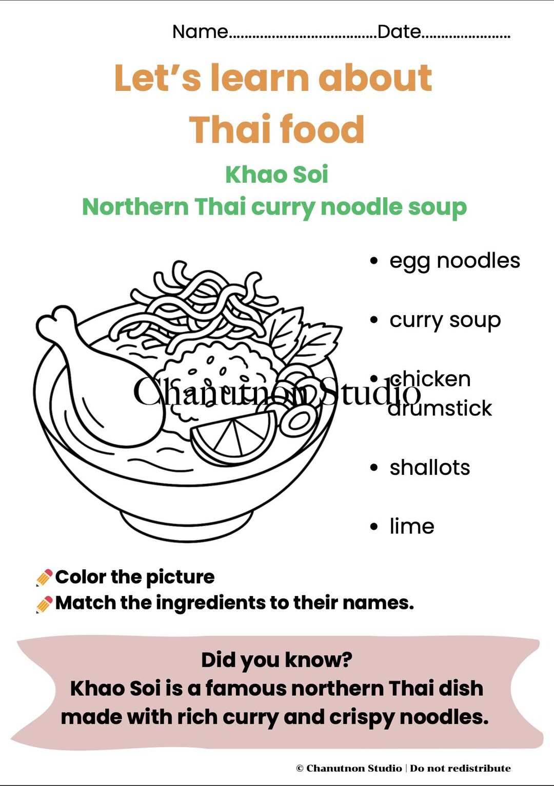Thai Food Vocabulary Worksheet | Printable ESL Activity for Kids ...
