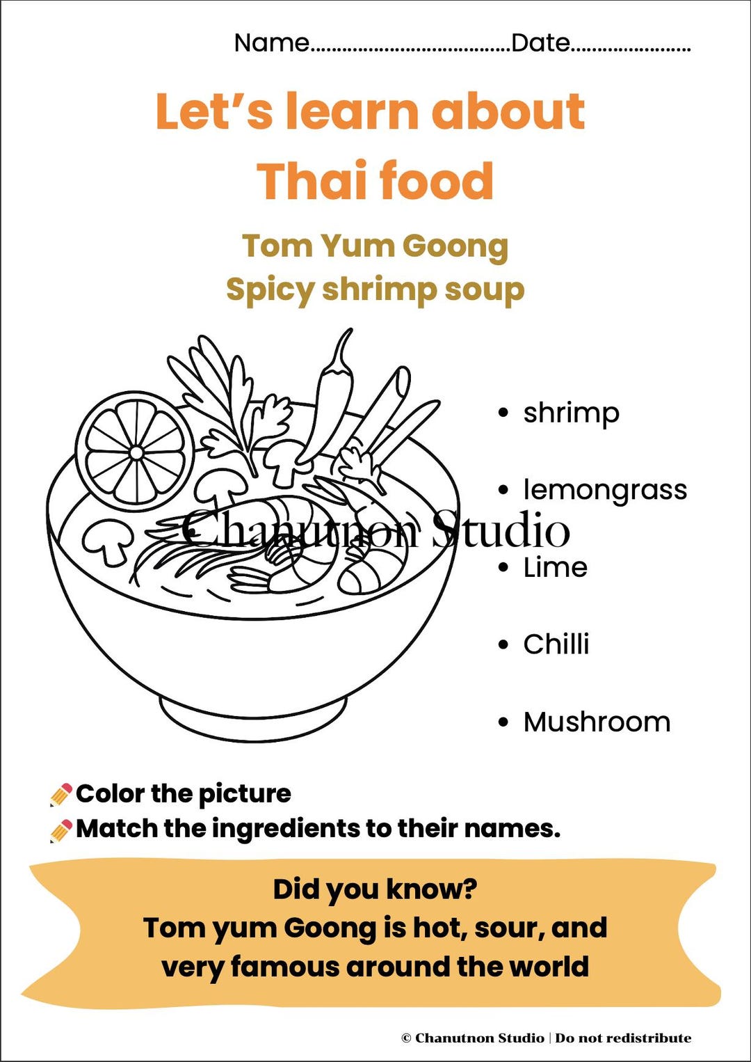 Thai Food Vocabulary Worksheet | Printable ESL Activity for Kids ...