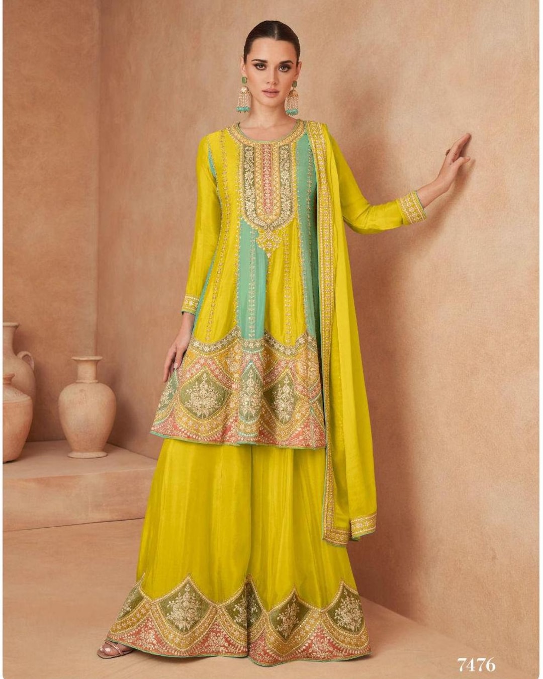 Beautiful Frock Style Silk Palazo Suit Bollywood Party Wear Plazo Haldi ...