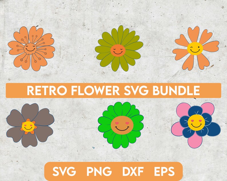 Retro Smiley Flowers Svg Bundle, Groovy Smiley Flower Svg, Retro Flower ...