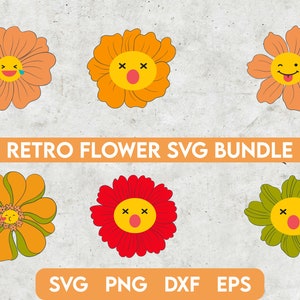 Retro Smiley Flowers Svg Bundle, Groovy Smiley Flower Svg, Retro Flower ...