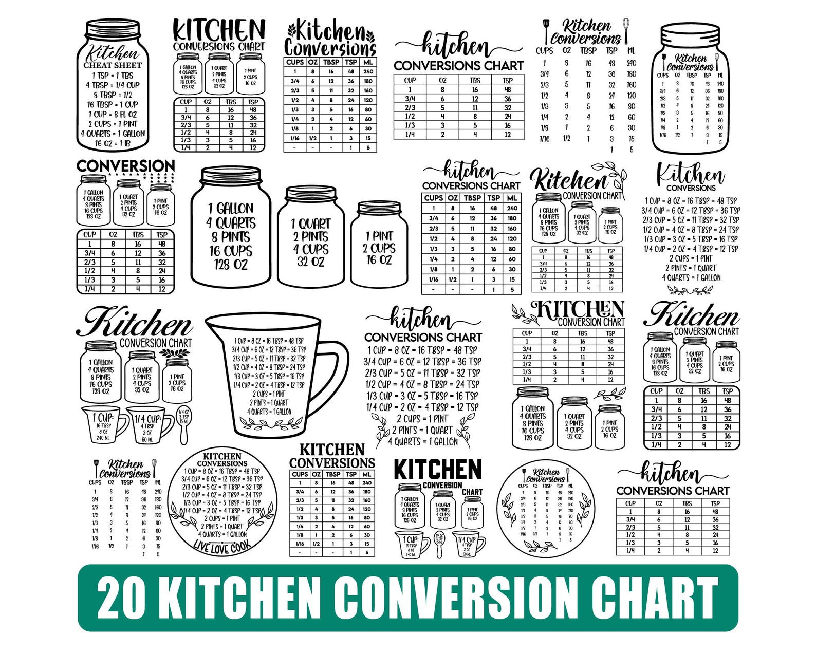 Kitchen Conversion Chart Svg Bundle, Decorative Kitchen Conversion ...