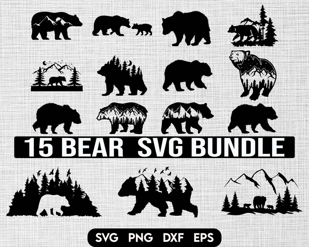 Bear SVG Bundle, Mountains Pine Trees Grizzly Bear SVG Cut File for Cricut, Silhouette, Snowy ...