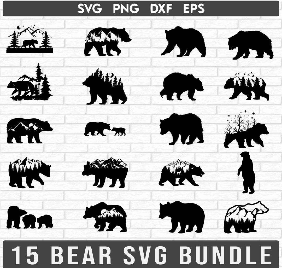 Bear SVG Bundle, Mountains Pine Trees Grizzly Bear SVG Cut File for Cricut, Silhouette, Snowy ...