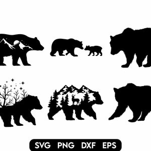 Bear SVG Bundle, Mountains Pine Trees Grizzly Bear SVG, Mama Bear Silhouette, Snowy Winter Scene ...