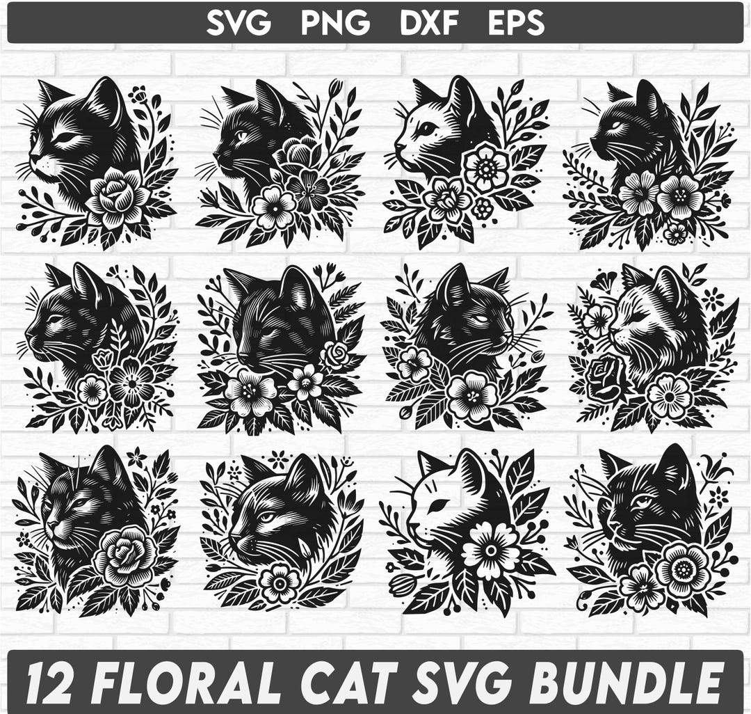 Floral Cat SVG Bundle, Floral Cat Svg, Cat Clipart, Cat Cut Files for ...