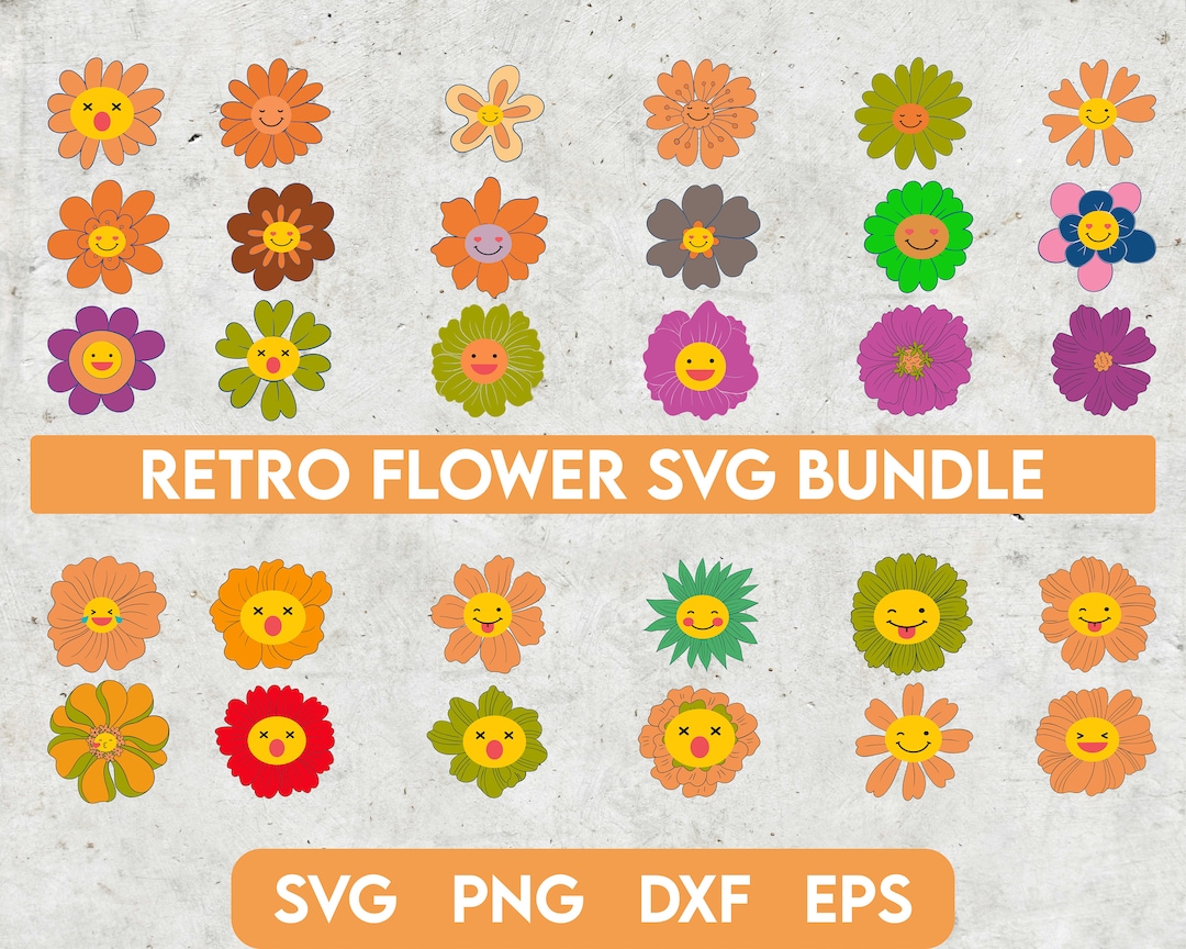 Retro Smiley Flowers Svg Bundle, Groovy Smiley Flower Svg, Retro Flower ...