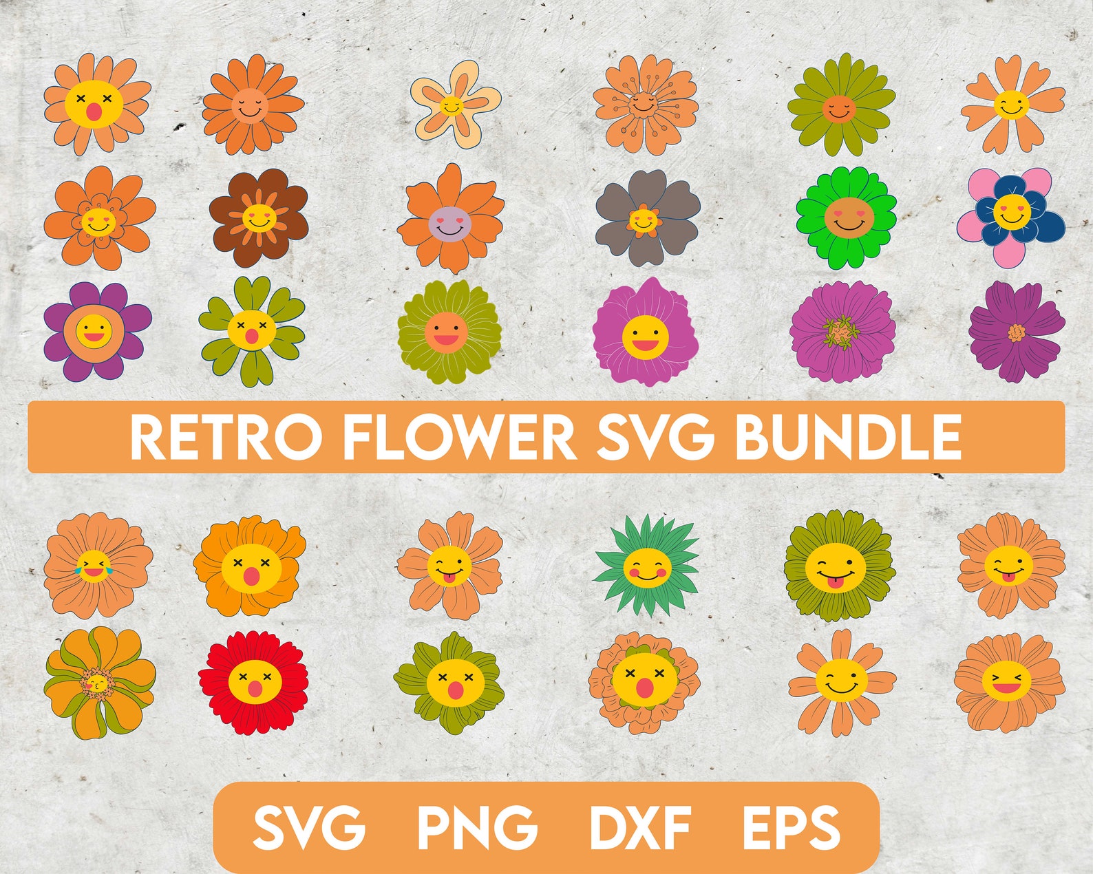 Retro Smiley Flowers Svg Bundle, Groovy Smiley Flower Svg, Retro Flower ...
