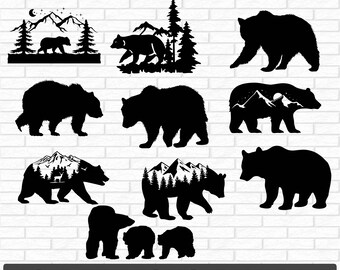 Bear SVG Bundle, Mountains Pine Trees Grizzly Bear SVG, Mama Bear Silhouette, Snowy Winter Scene ...
