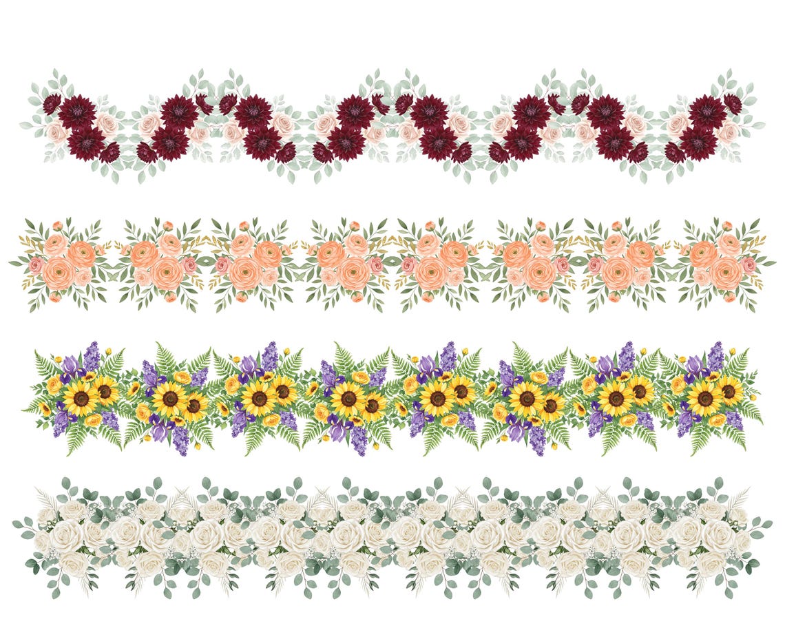 Floral Border Clipart Bundle PNG, Floral Clipart, Seamless Flower ...