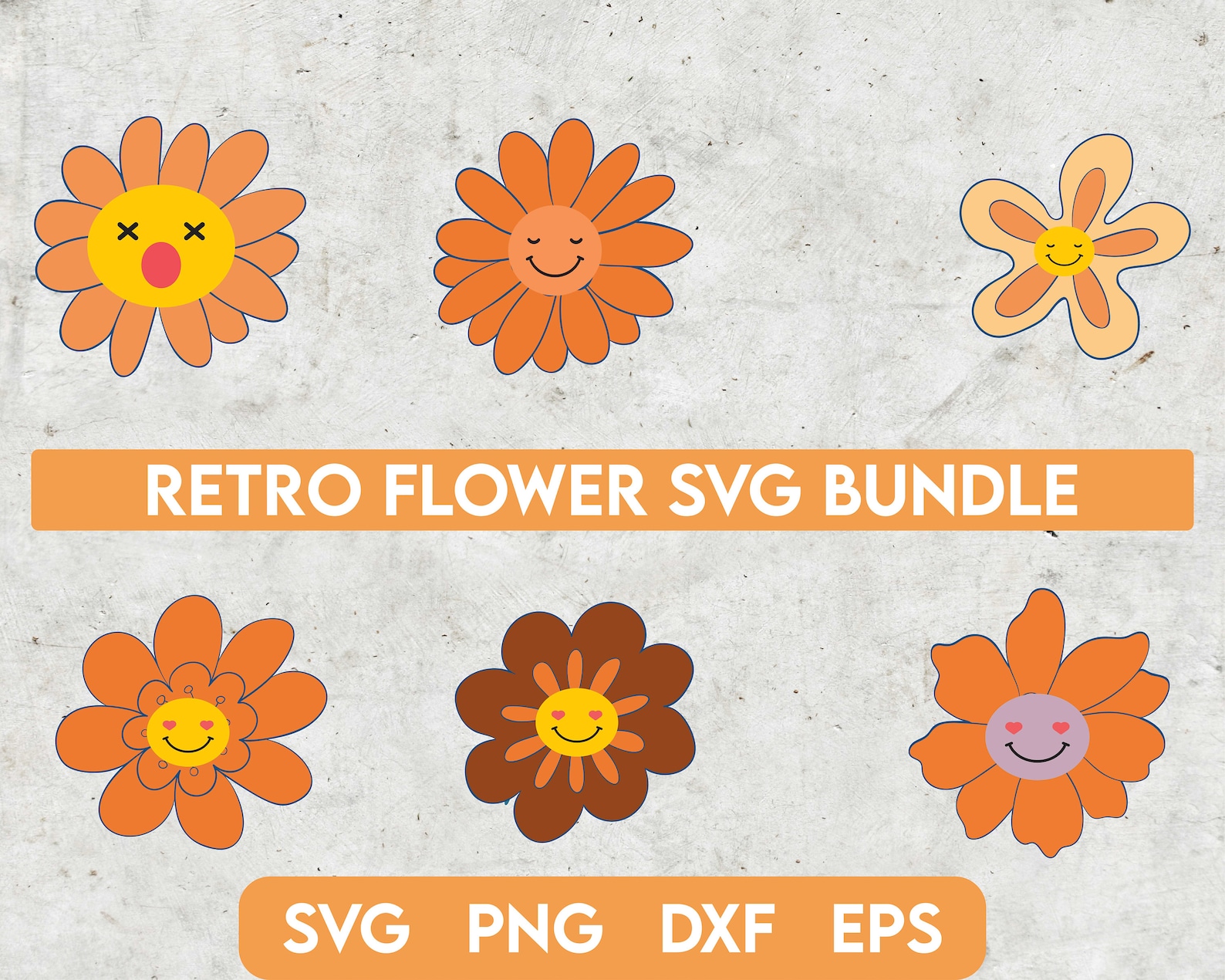 Retro Smiley Flowers Svg Bundle, Groovy Smiley Flower Svg, Retro Flower ...
