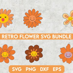 Retro Smiley Flowers Svg Bundle, Groovy Smiley Flower Svg, Retro Flower ...